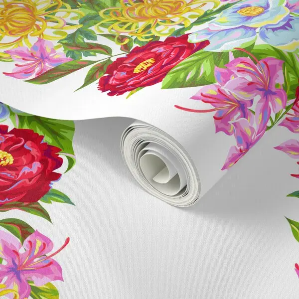 Spoonflower Chinese Flowers Custom Pre-pasted Wallpaper - White,red,green