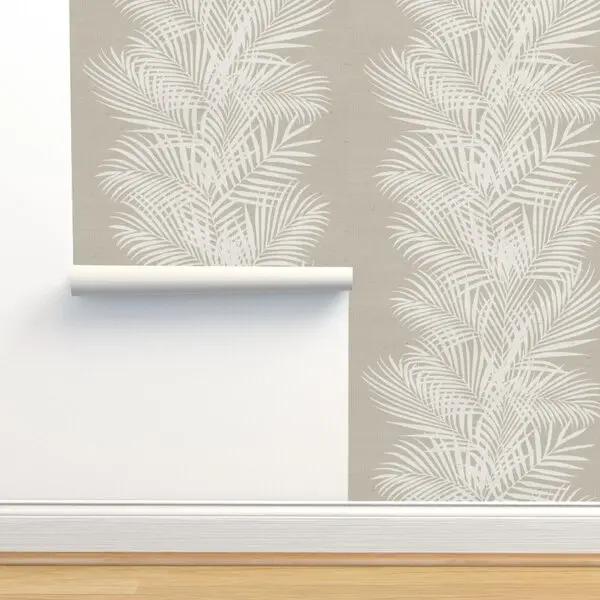 Spoonflower Stripe Beige White Leaf Palm Feathers Tan Neutral 100% Natural Sisal Grasscloth Wallcovering - Gray,white