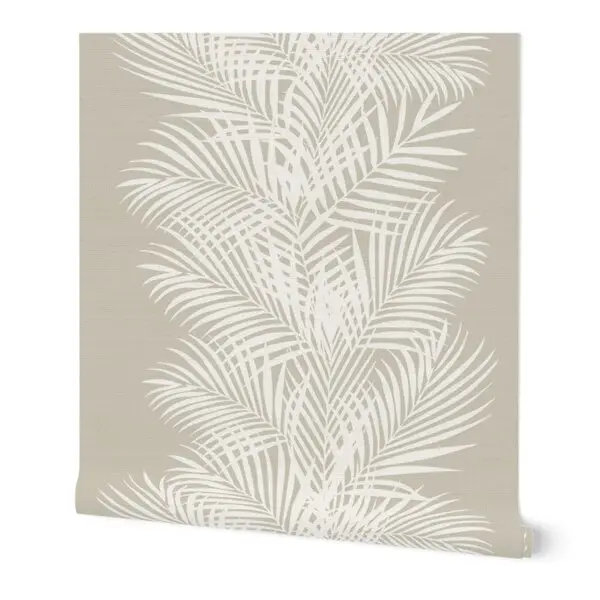 Spoonflower Stripe Beige White Leaf Palm Feathers Tan Neutral 100% Natural Sisal Grasscloth Wallcovering - Gray,white