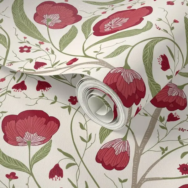 Spoonflower Red Floral Rose Tulips Custom Removable Wallpaper - Red,green,gray