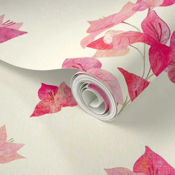 Spoonflower Pink Cream Flowers Floral Fuchsia Hot Custom Pre-pasted Wallpaper - Pink,red,beige