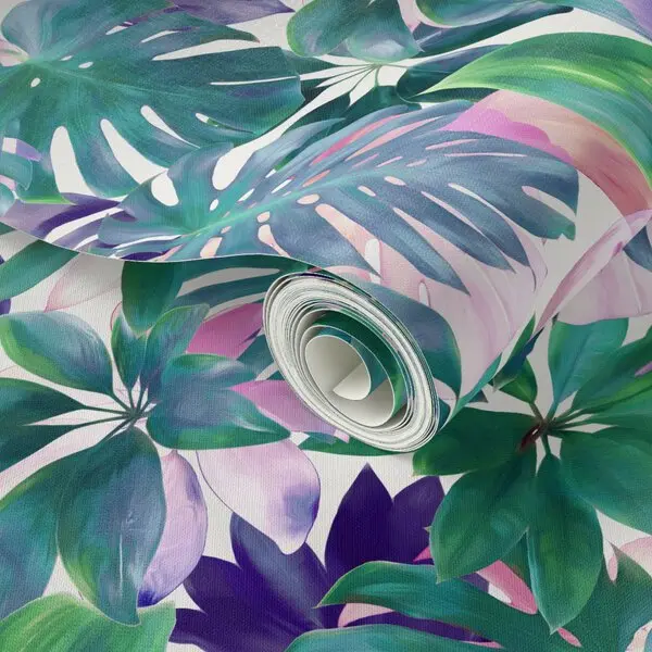 Spoonflower Painted Jungle Tropical Leaves Purple Contemporary Custom Removable Wallpaper - Blue,pink,green