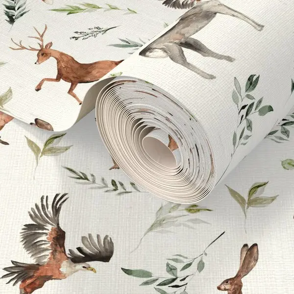 Spoonflower Run Wild Woodland White Watercolor Deer Bear Bears 100% Natural Sisal Grasscloth Wallcovering - White,brown,gray