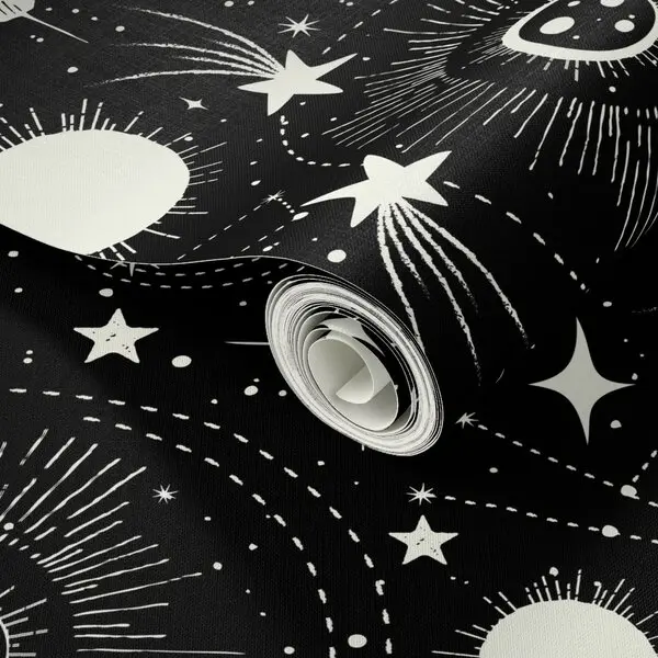 Spoonflower Solar System Black Stars Space Moon Vintage Custom Pre-pasted Wallpaper - Black,white,gray