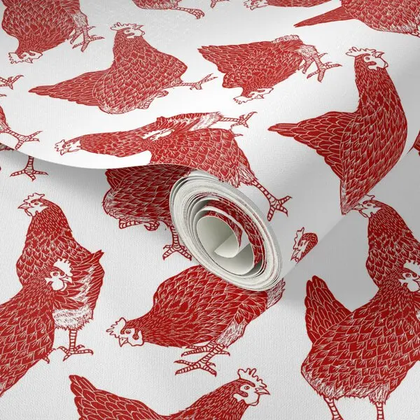 Spoonflower Red Chickens White Country Kitchen Bears Prints Custom Pre-pasted Wallpaper - Red,white,gray