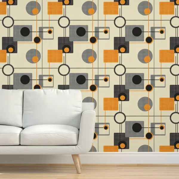 Spoonflower Orbs Squares Orange Mod Mid Century Modern Retro Custom Pre-pasted Wallpaper - Orange,gray,black