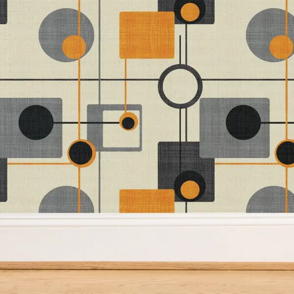 Spoonflower Orbs Squares Orange Mod Mid Century Modern Retro Custom Pre-pasted Wallpaper - Orange,gray,black