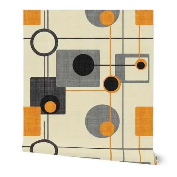Spoonflower Orbs Squares Orange Mod Mid Century Modern Retro Custom Pre-pasted Wallpaper - Orange,gray,black