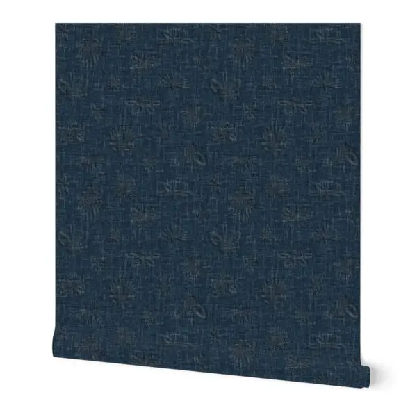 Spoonflower Solid Blue Plain Neutral Floral Texture Woven Navy 100% Natural Sisal Grasscloth Wallcovering - Beige,orange