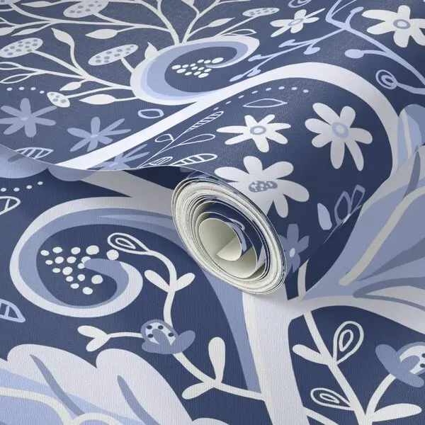 Spoonflower Blue Leaves Vines Floral Tendrils Gardens Custom Removable Wallpaper - Blue,white