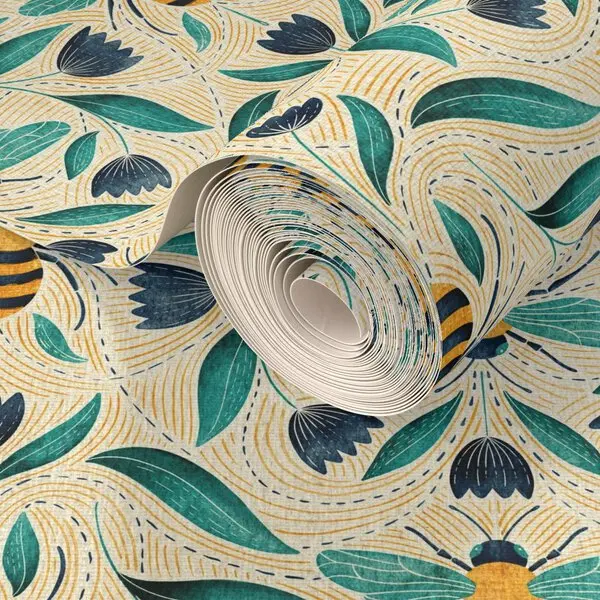 Spoonflower Spring Time Bee Nature Bees Garden Party Beige 100% Natural Sisal Grasscloth Wallcovering - Blue,beige