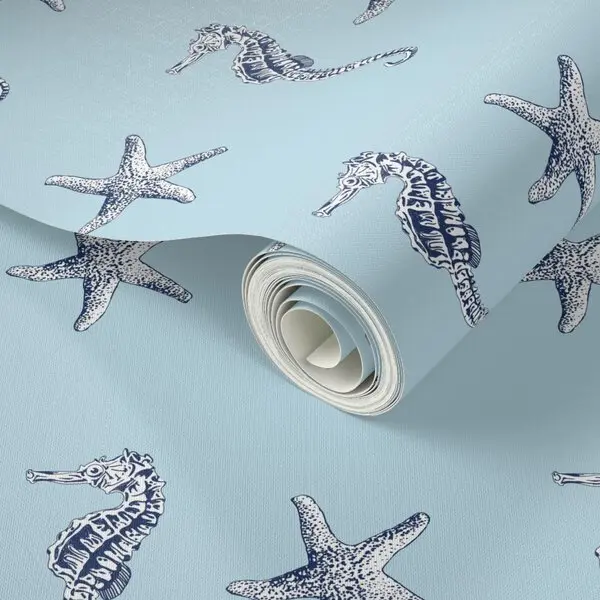Spoonflower Sea Horse Seahorse Ocean Star Fish Starfish Beach Custom Pre-pasted Wallpaper - Blue
