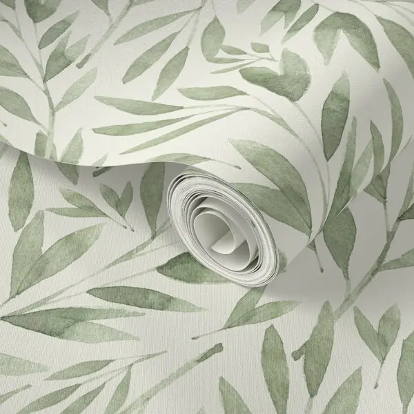 Spoonflower Green Decor Watercolor Bamboo Olive Leaf Custom Removable Wallpaper - Green,sage