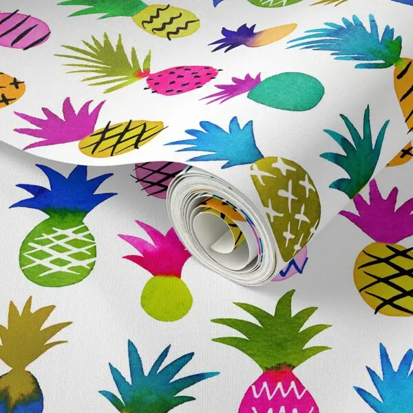 Spoonflower Pineapple Fun White Large Watercolor Cute Custom Pre-pasted Wallpaper - Rainbow