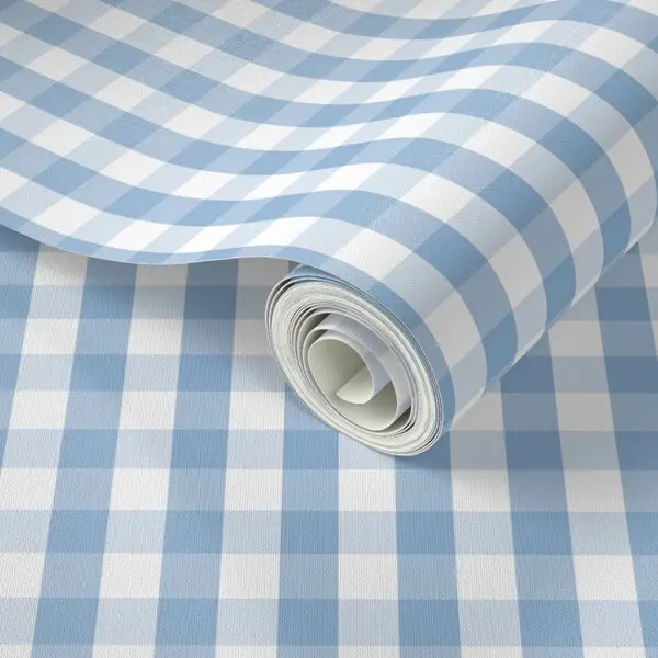 Spoonflower Light Blue Check Gingham Pale Tartan Checked Custom Pre-pasted Wallpaper - Blue,white