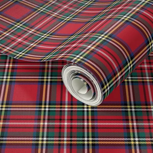 Spoonflower Royal Tartan Style Christmas Plaid Kilt Red Black Custom Removable Wallpaper - Red,brown,blue