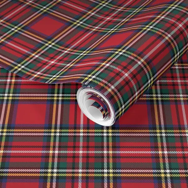 Spoonflower Royal Tartan Style Christmas Plaid Kilt Red Black Custom Pre-pasted Wallpaper - Red,brown,blue
