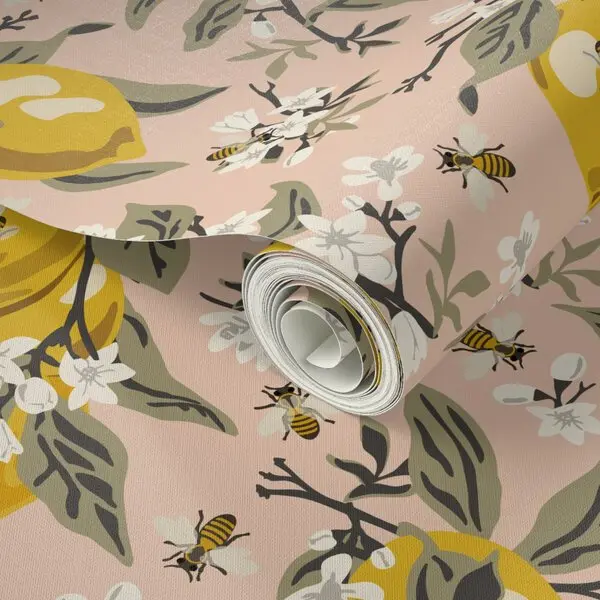 Spoonflower Bees & Lemons On Blush Custom Pre-pasted Wallpaper - Green,pink,brown