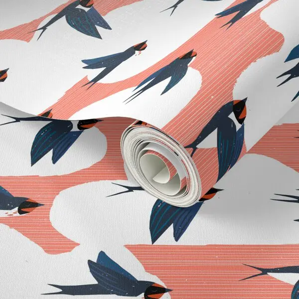 Spoonflower Flying Barn Swallow Migration Pattern Red Coral Custom Pre-pasted Wallpaper - Orange,white,blue