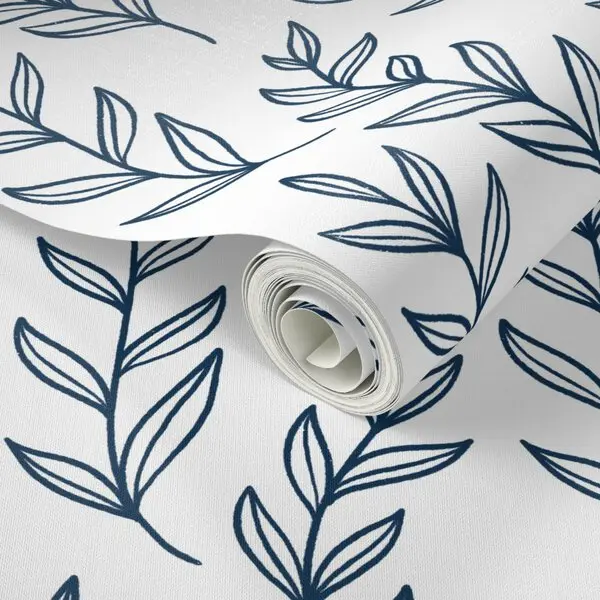 Spoonflower Blue White Leaves Leaf Nature Basic Simple Large Custom Pre-pasted Wallpaper - Blue,white,gray