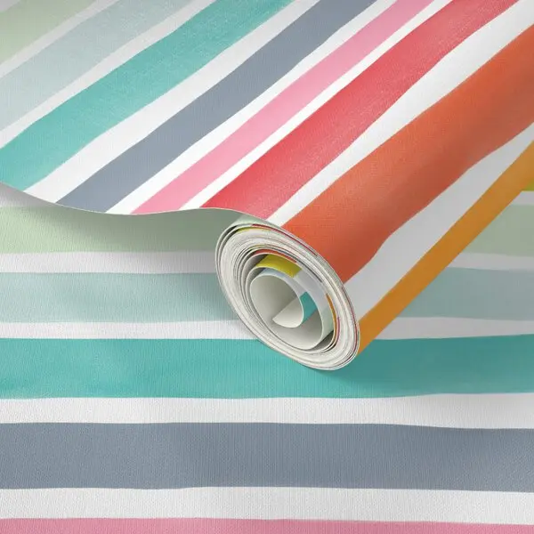 Spoonflower Modern Painted Rainbow Watercolor Line Color Custom Pre-pasted Wallpaper - White,gray,green