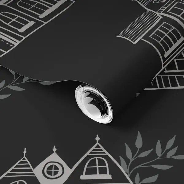 Spoonflower Black Victorian Houses Gothic Custom Pre-pasted Wallpaper - Black,white,gray