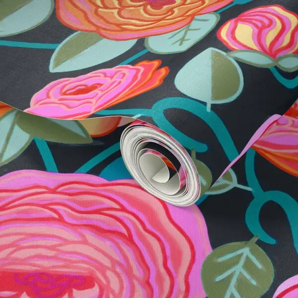 Spoonflower Climbing Rose Vines Painted Pink & Orange Floral Custom Pre-pasted Wallpaper - Pink,green,blue