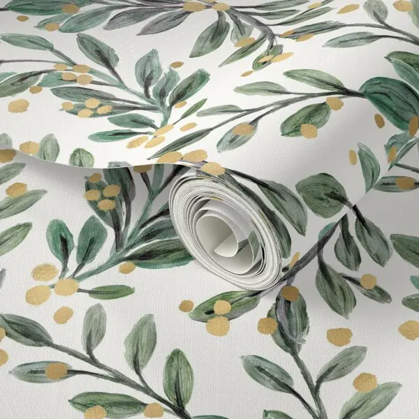 Spoonflower Sage Gold Berries Holiday Winter Floral Christmas Custom Pre-pasted Wallpaper - Green,gold,gray
