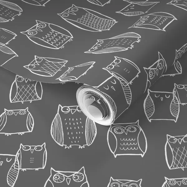 Spoonflower Night Owl Owls Gray Animals Whimsical Bird Custom Pre-pasted Wallpaper - Gray,white