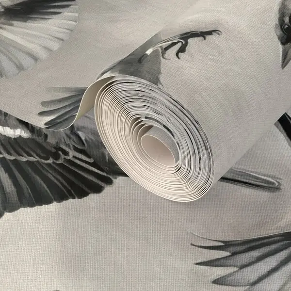Spoonflower Sparrow Flight Monochrome Large Birds Painted 100% Natural Sisal Grasscloth Wallcovering - Gray,white