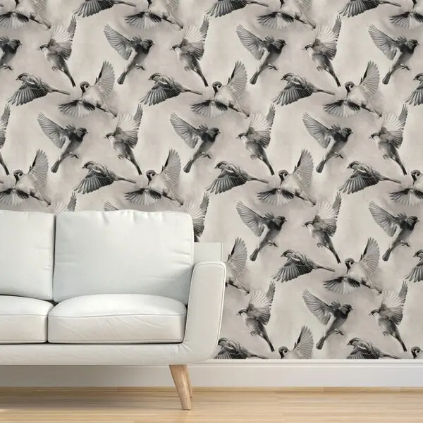 Spoonflower Sparrow Flight Monochrome Large Birds Painted 100% Natural Sisal Grasscloth Wallcovering - Gray,white