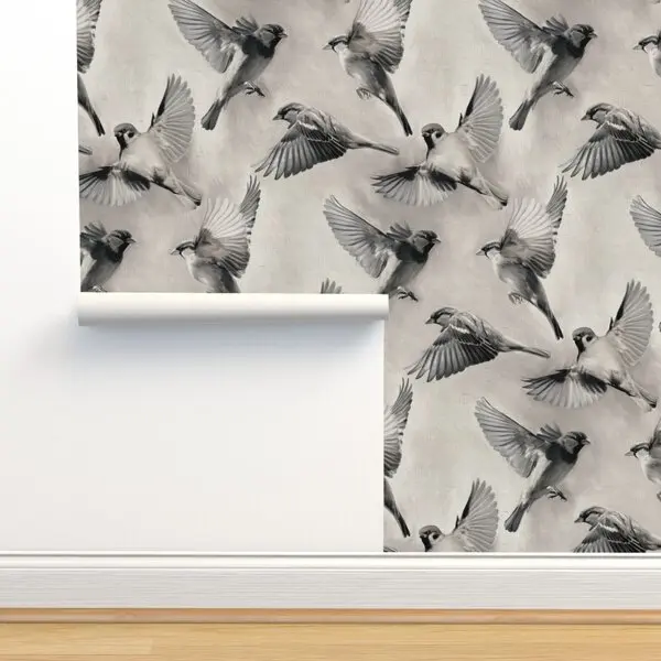 Spoonflower Sparrow Flight Monochrome Large Birds Painted 100% Natural Sisal Grasscloth Wallcovering - Gray,white