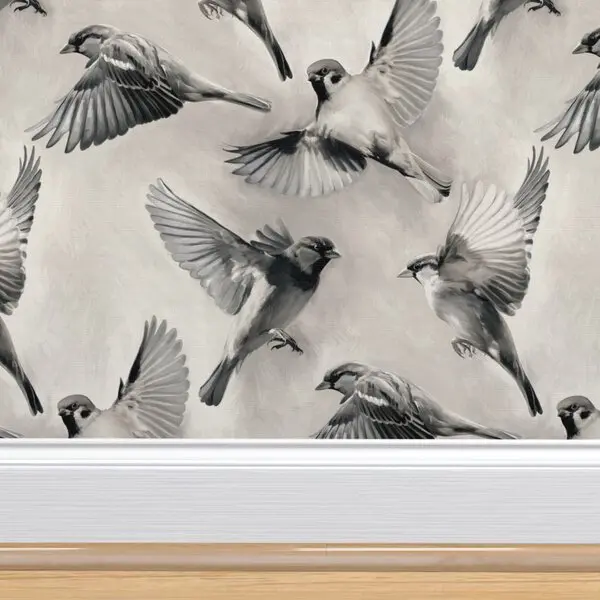Spoonflower Sparrow Flight Monochrome Large Birds Painted 100% Natural Sisal Grasscloth Wallcovering - Gray,white