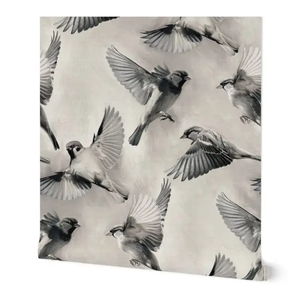 Spoonflower Sparrow Flight Monochrome Large Birds Painted 100% Natural Sisal Grasscloth Wallcovering - Gray,white