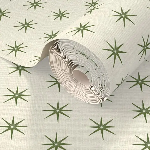 Spoonflower Small Olive And Cream Stars 100% Natural Sisal Grasscloth Wallcovering - Green