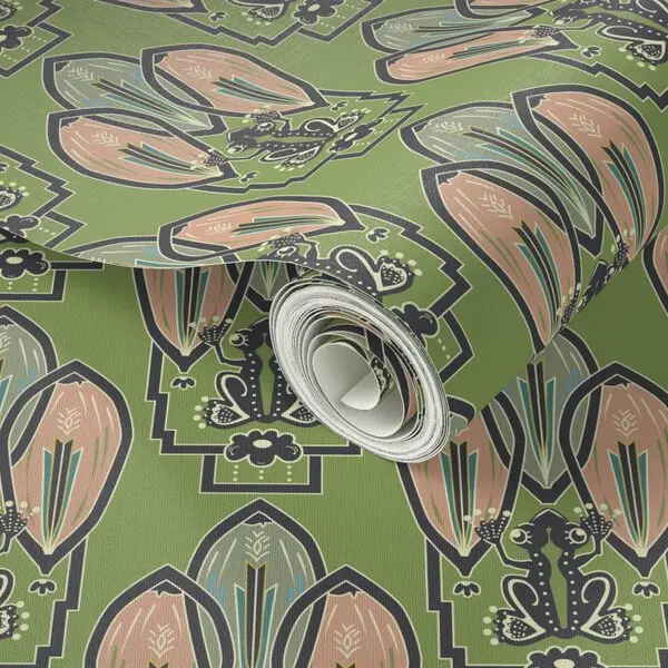 Spoonflower Art Deco Pattern Nouveau Vintage 1920s Peach Green Custom Pre-pasted Wallpaper - Green,pink,gray