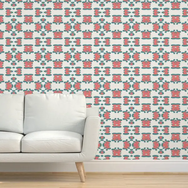 Spoonflower Splash Coral And Teal 100% Natural Sisal Grasscloth Wallcovering - Blue,teal