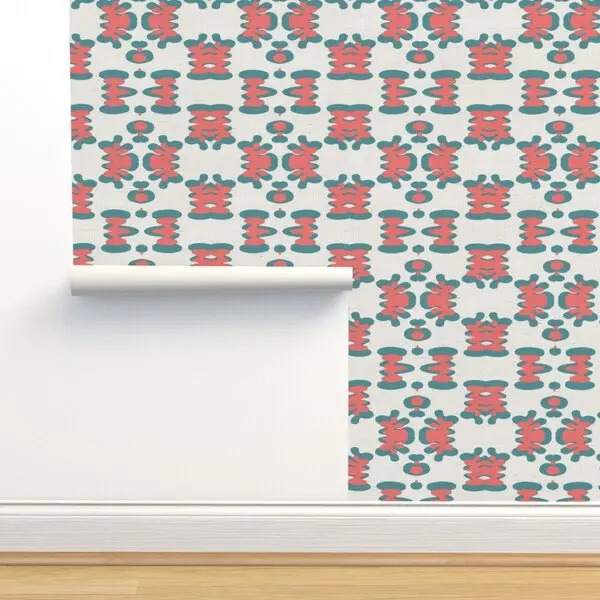 Spoonflower Splash Coral And Teal 100% Natural Sisal Grasscloth Wallcovering - Blue,teal