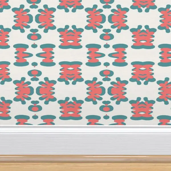 Spoonflower Splash Coral And Teal 100% Natural Sisal Grasscloth Wallcovering - Blue,teal