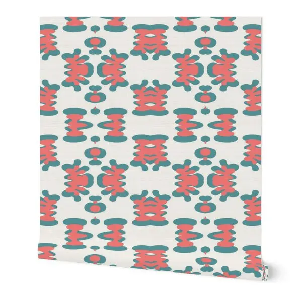 Spoonflower Splash Coral And Teal 100% Natural Sisal Grasscloth Wallcovering - Blue,teal