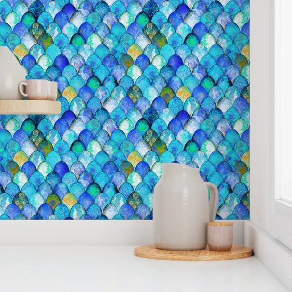 Spoonflower Faberge Dragon Scale Mermaid Tail Easter Egg Ice Custom Pre-pasted Wallpaper
