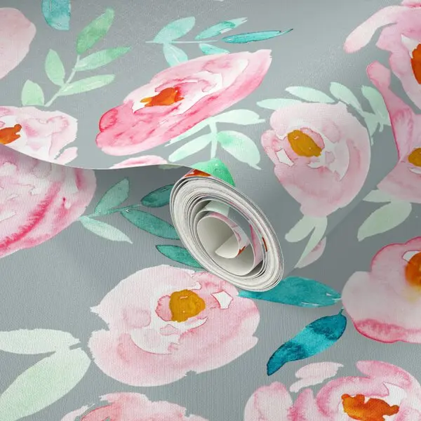 Spoonflower Pink Soft Floral Sweet Grey Modern Custom Removable Wallpaper - Pink,gray,green