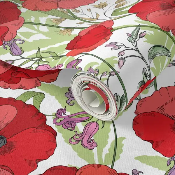 Spoonflower Poppy Red Flowers Custom Pre-pasted Wallpaper - Red,sage,green