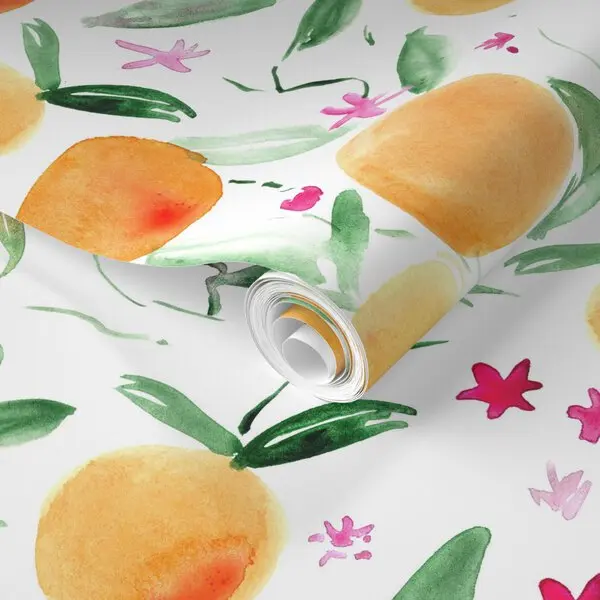 Spoonflower Flower Bloom Floral Orange Citrus Nursery Custom Pre-pasted Wallpaper - Green,orange