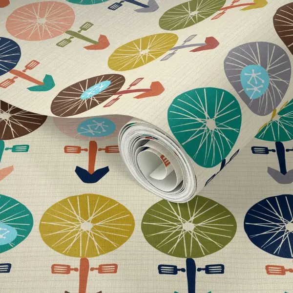 Spoonflower Flower Retro Garden Bicycle Meadow Mid Century Custom Pre-pasted Wallpaper - Beige,green,brown
