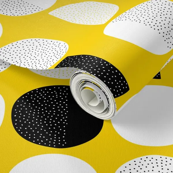 Spoonflower Mod Scandinavian Retro Geometric Yellow Black Mid Custom Pre-pasted Wallpaper - Yellow,black,gray