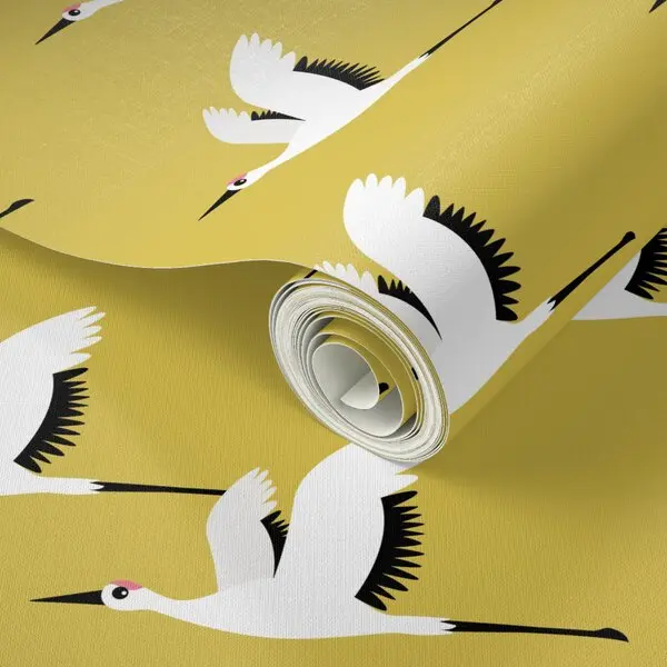 Spoonflower Crane Birds Flock Summer Large Gender Neutral Traditional Wallpaper - Yellow,white,green