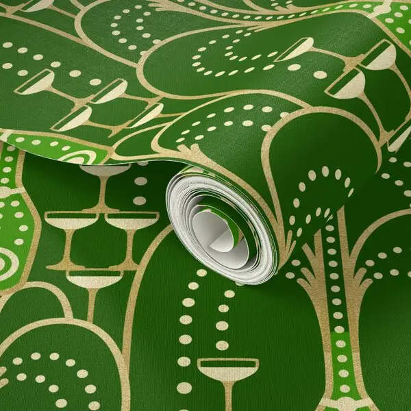Spoonflower Green Gold Art Deco Wine Wedding Bubbly Custom Pre-pasted Wallpaper - Green,gold,yellow