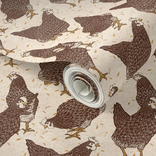 Spoonflower Brown Hens Hen Chicken Kitchen Country Natural Custom Pre-pasted Wallpaper - Brown,beige