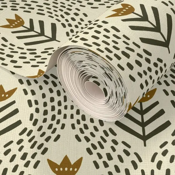 Spoonflower Small Scandi Flower Vanilla With Pecan And Deep 100% Natural Sisal Grasscloth Wallcovering - White